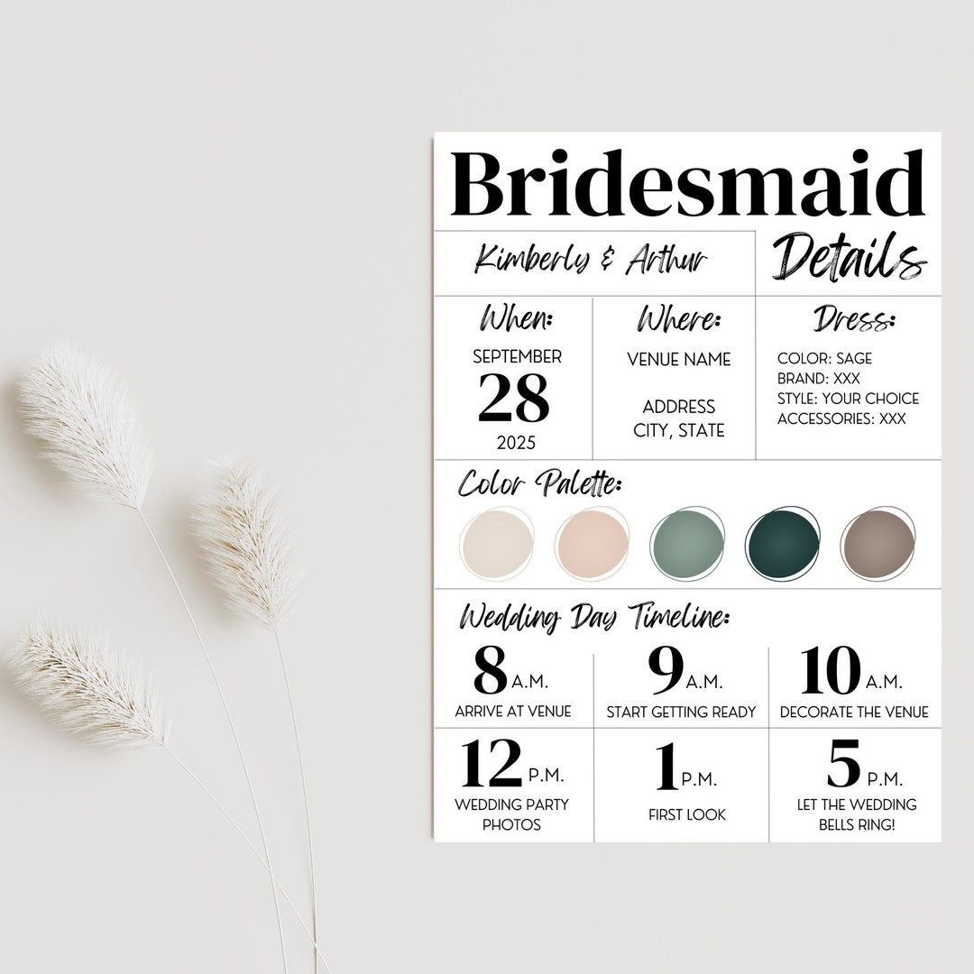 Editable Bridesmaid Info Card Printable Bridesmaid Proposal Bridal ...