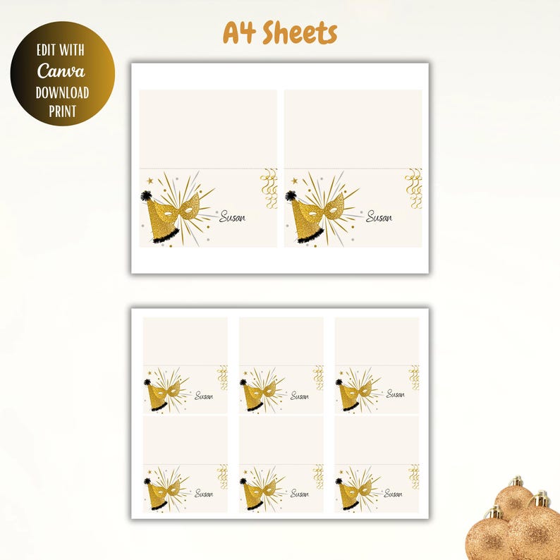 Printable New Year Place Cards: Festive Mask Design (PDF Template) - Etsy