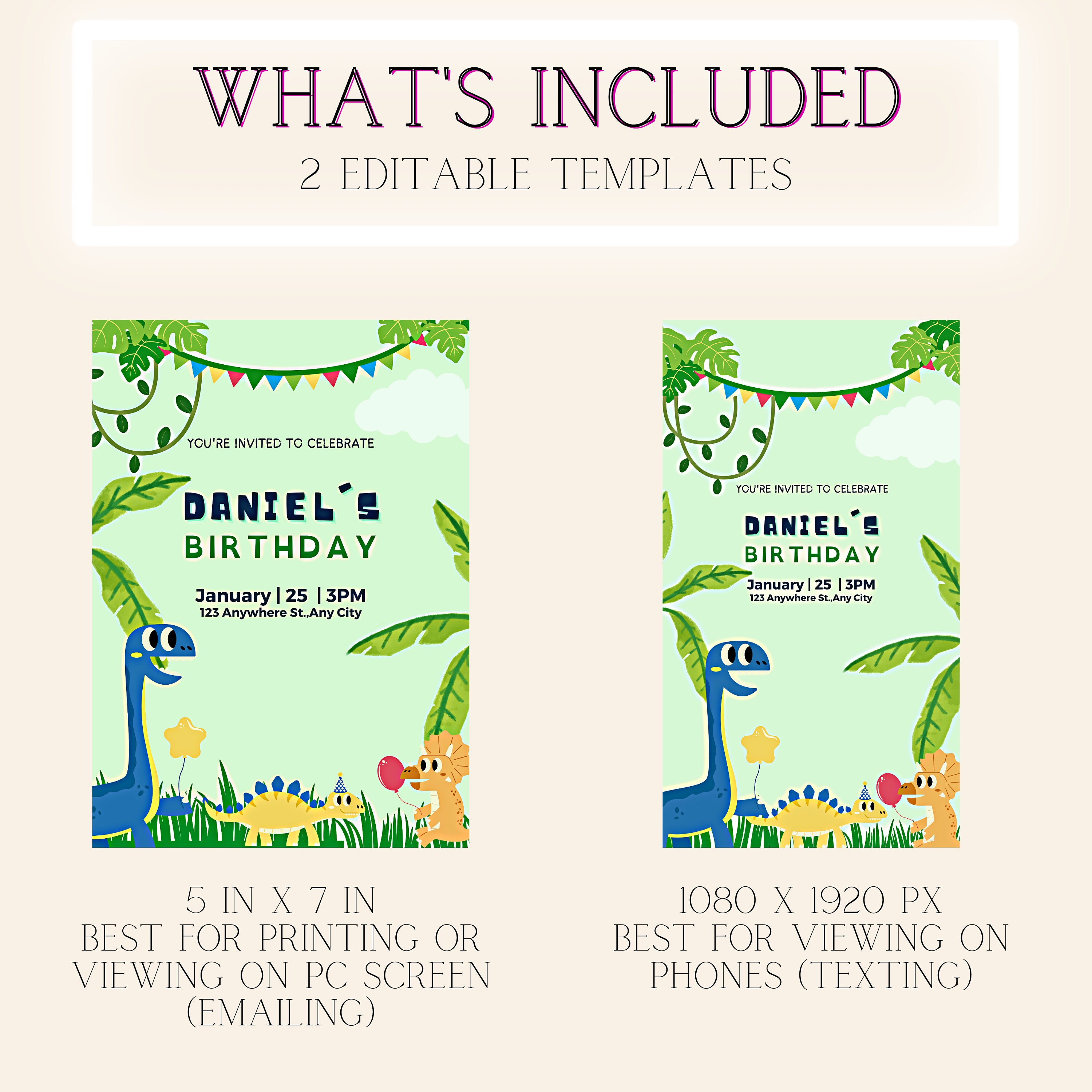 Editable Dinosaurs Birthday Invitation Digital Kids Party Invite ...