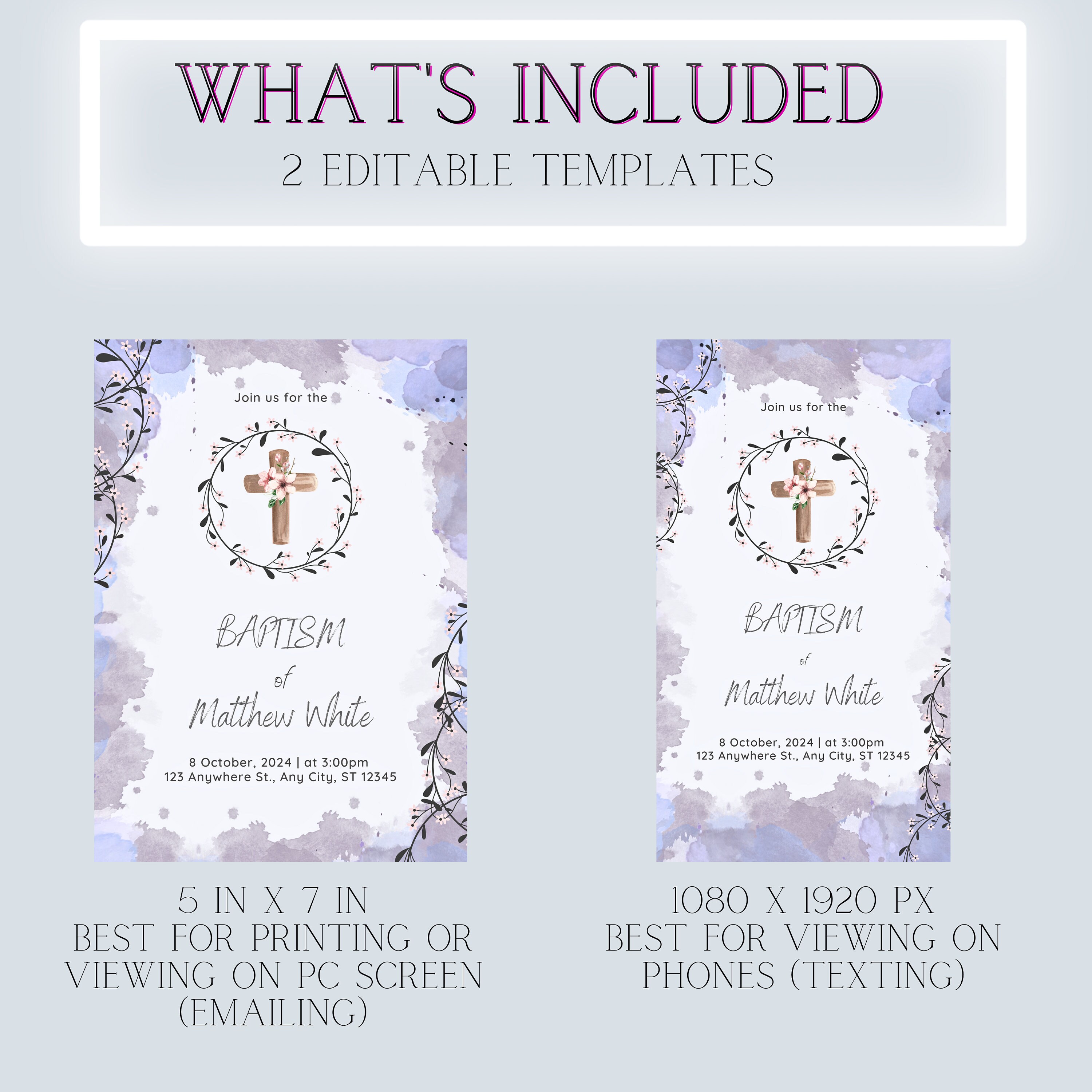 Editable Baptism Invite Personalized Watercolour Baptism Template ...