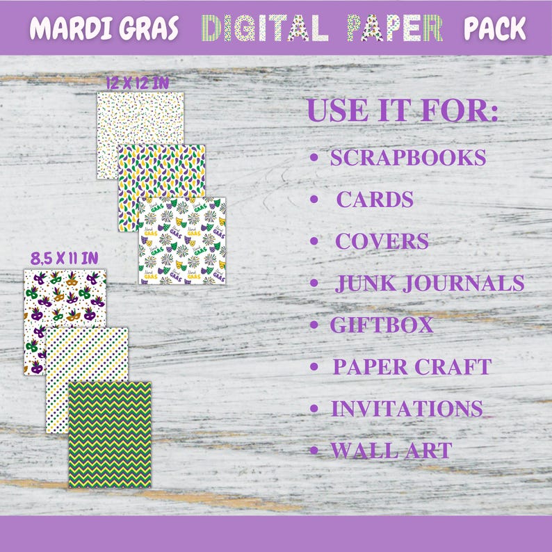 Mardi Gras Digital Paper Pack Scrapbooking Paper Craft Patterns Card 12 ...