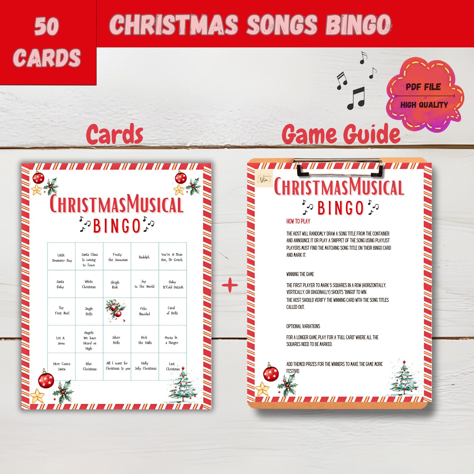 Christmas Songs Bingo Game: 50 Cards, Playlist (printable PDF) - Etsy