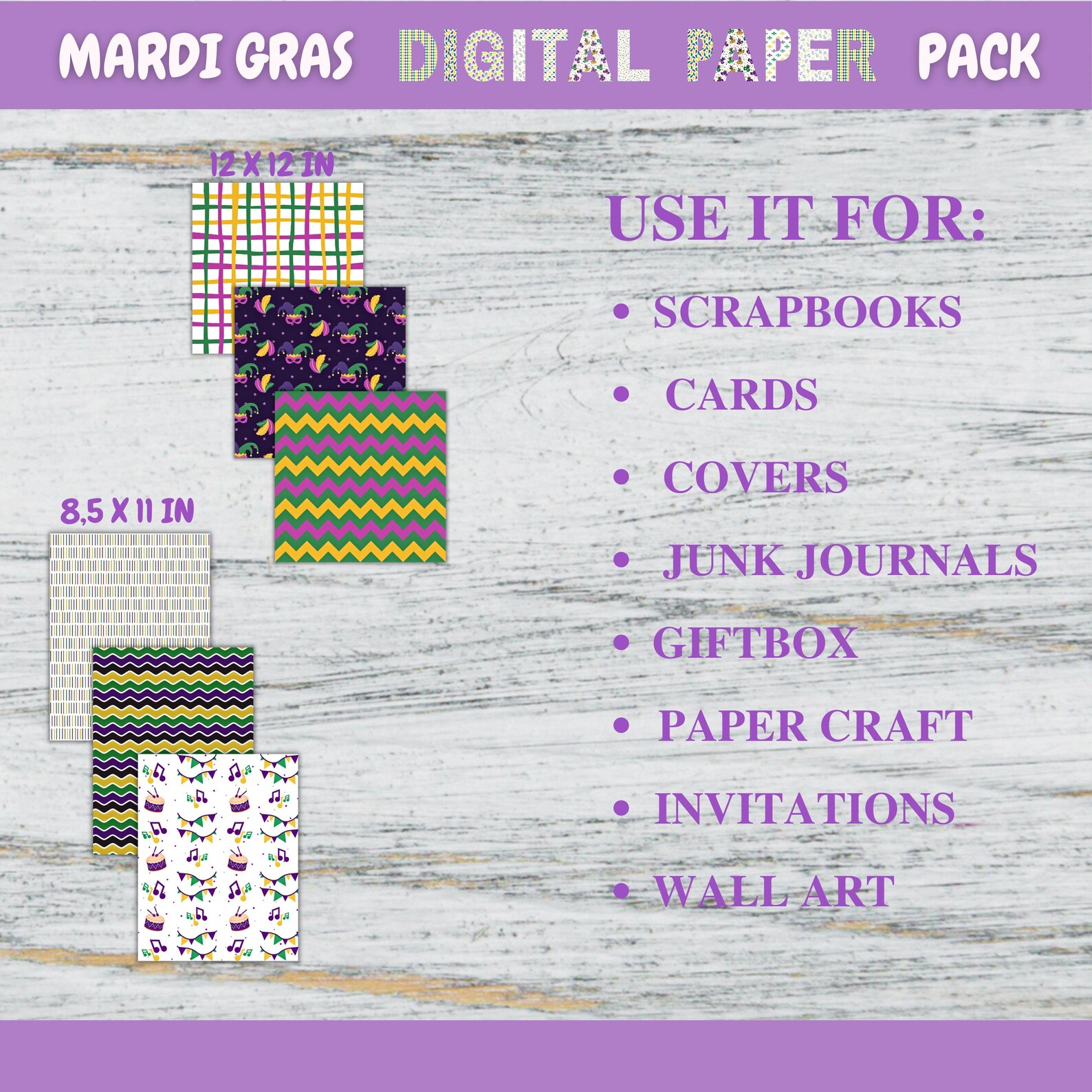 Mardi Gras Digital Paper Pack Scrapbooking Paper Craft Patterns Card 12 ...