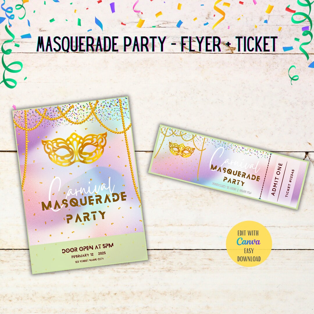 Carnival Masquerade Party Bundle: Editable Flyer + Ticket Templates for ...