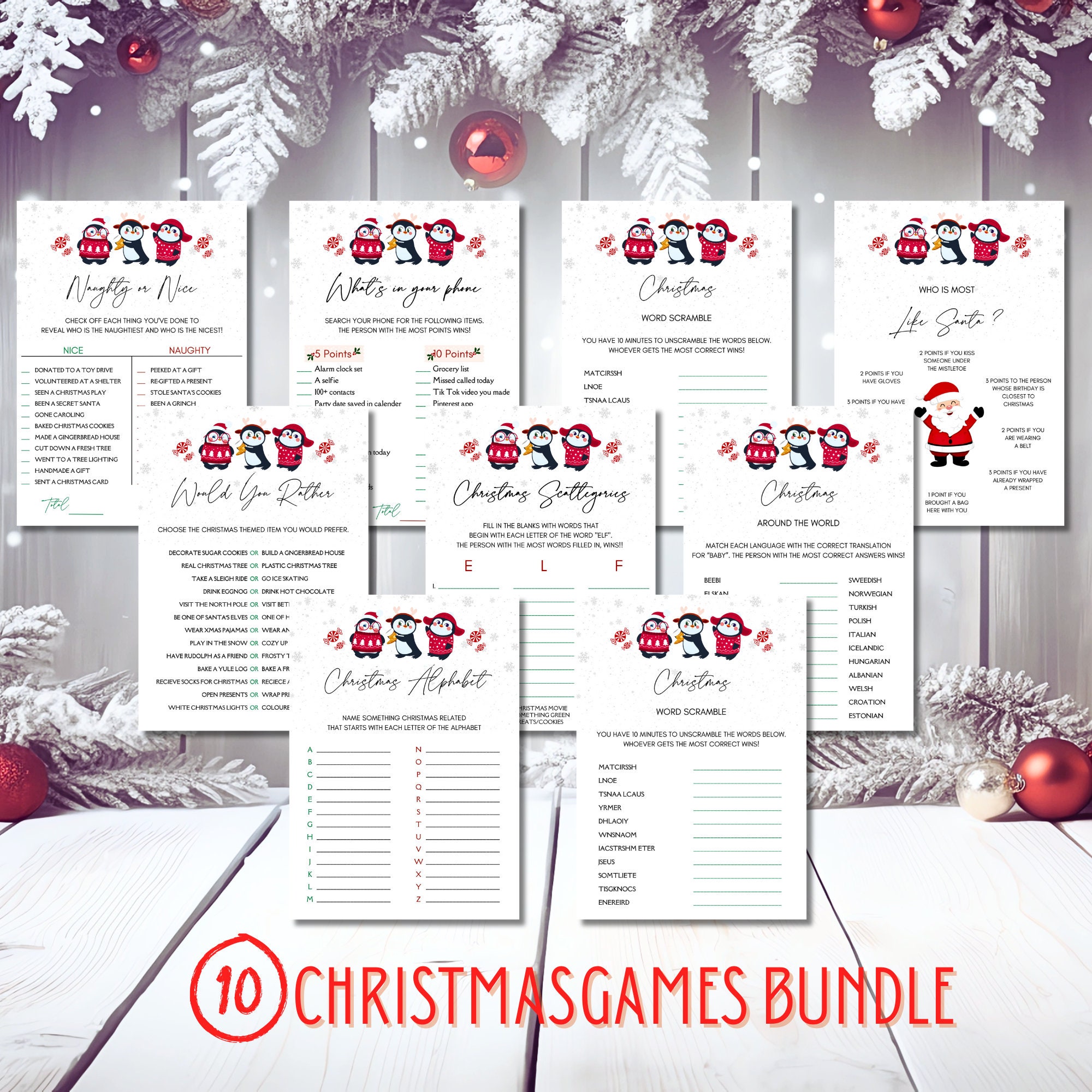Printable Christmas Games Bundle Editable Cute Pinguins Template Games ...