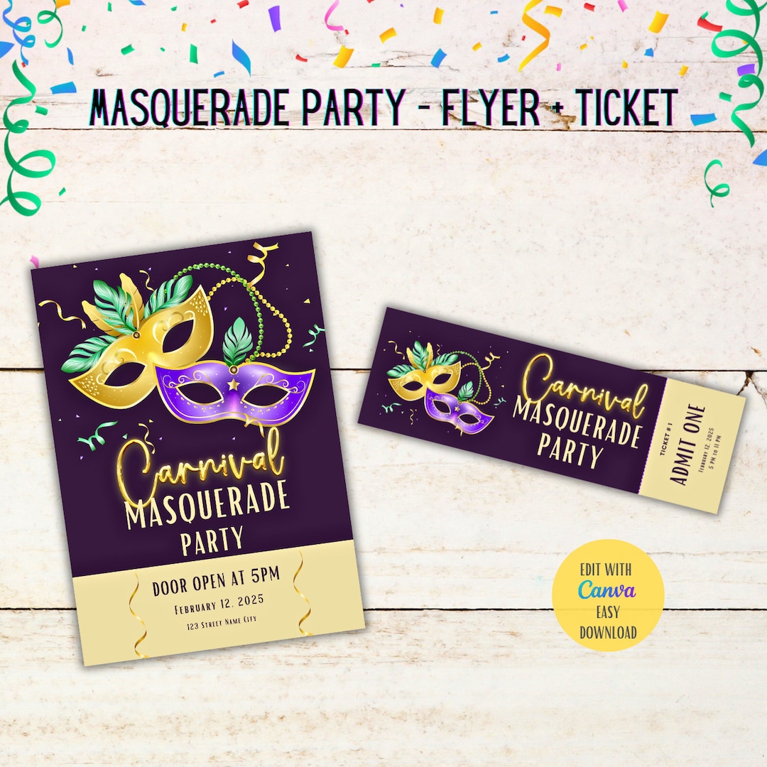 Carnival Masquerade Party Bundle: Editable Flyer + Ticket Templates for ...