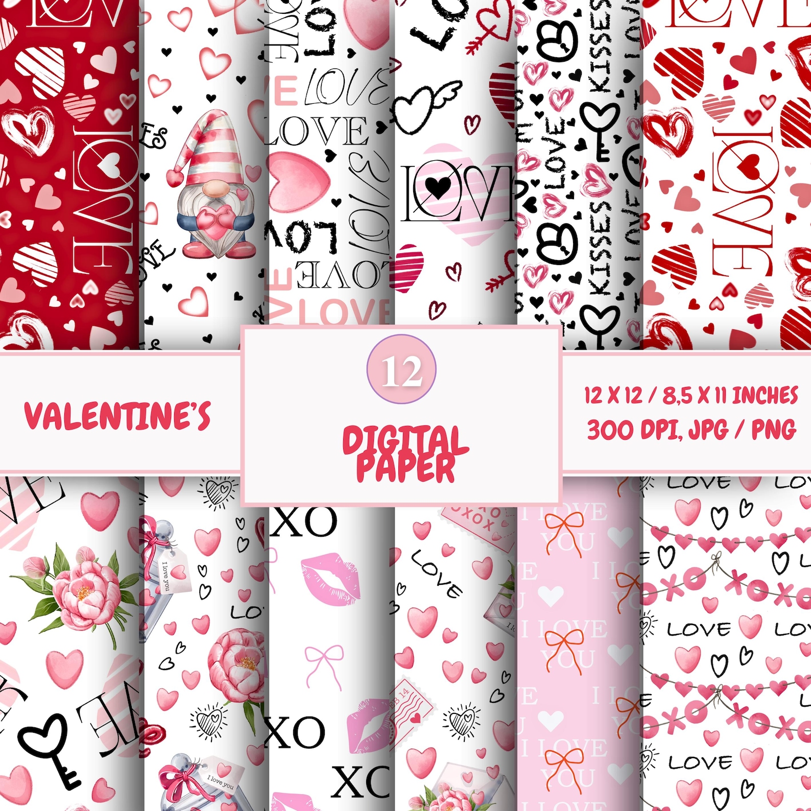 Valentine's Day Digital Paper Pack: Romantic Hearts, Scrapbook Patterns ...