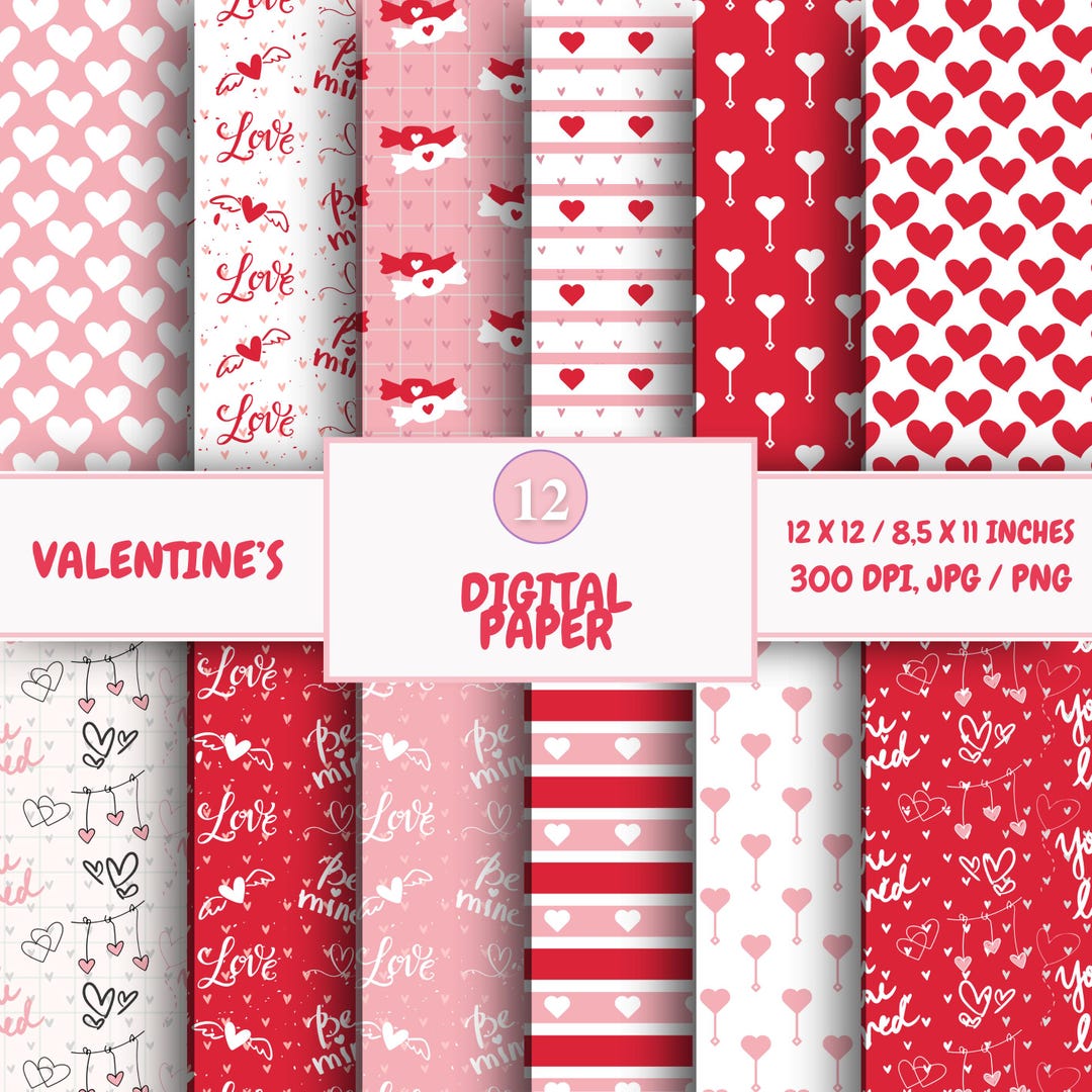 Valentine's Day Digital Paper Pack Scrapbook Paper Romantic Craft ...