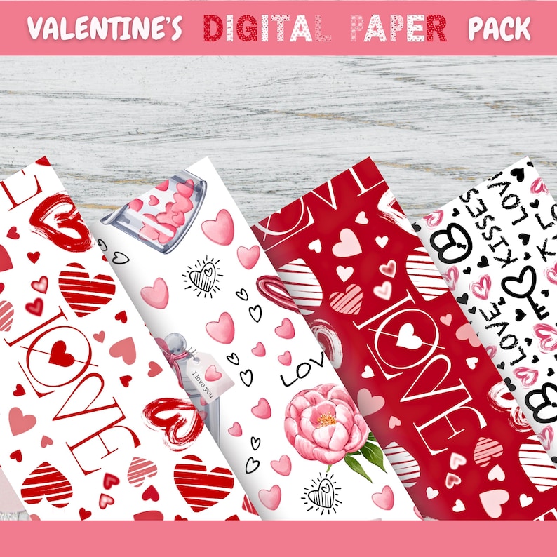 Valentine's Day Digital Paper Pack: Romantic Hearts, Scrapbook Patterns ...