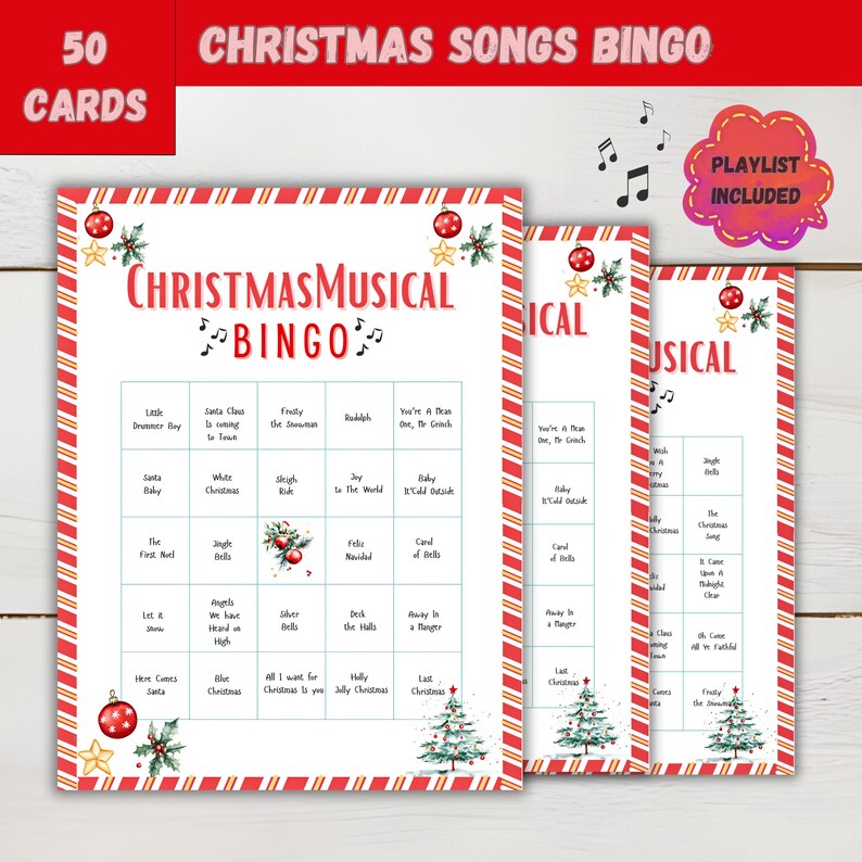 Christmas Songs Bingo Game: 50 Cards, Playlist (printable PDF) - Etsy