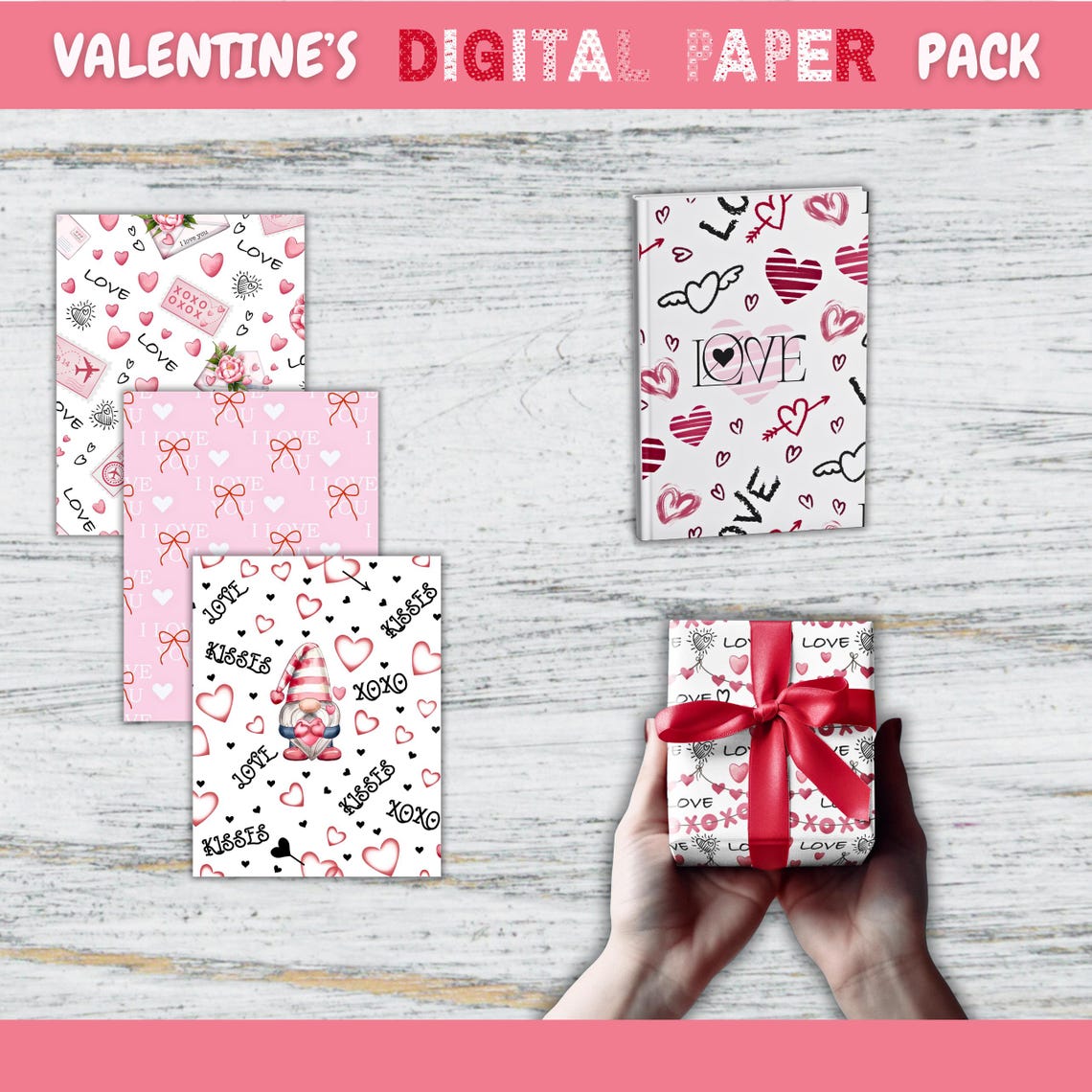 Valentine's Day Digital Paper Pack: Romantic Hearts, Scrapbook Patterns ...