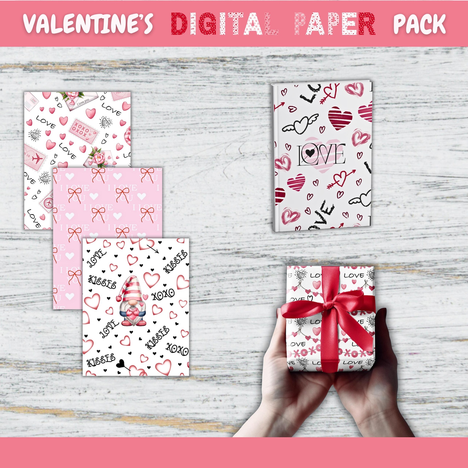 Valentine's Day Digital Paper Pack: Romantic Hearts, Scrapbook Patterns ...
