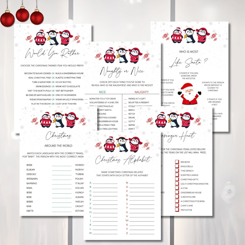 Printable Christmas Games Bundle Editable Cute Pinguins Template Games ...