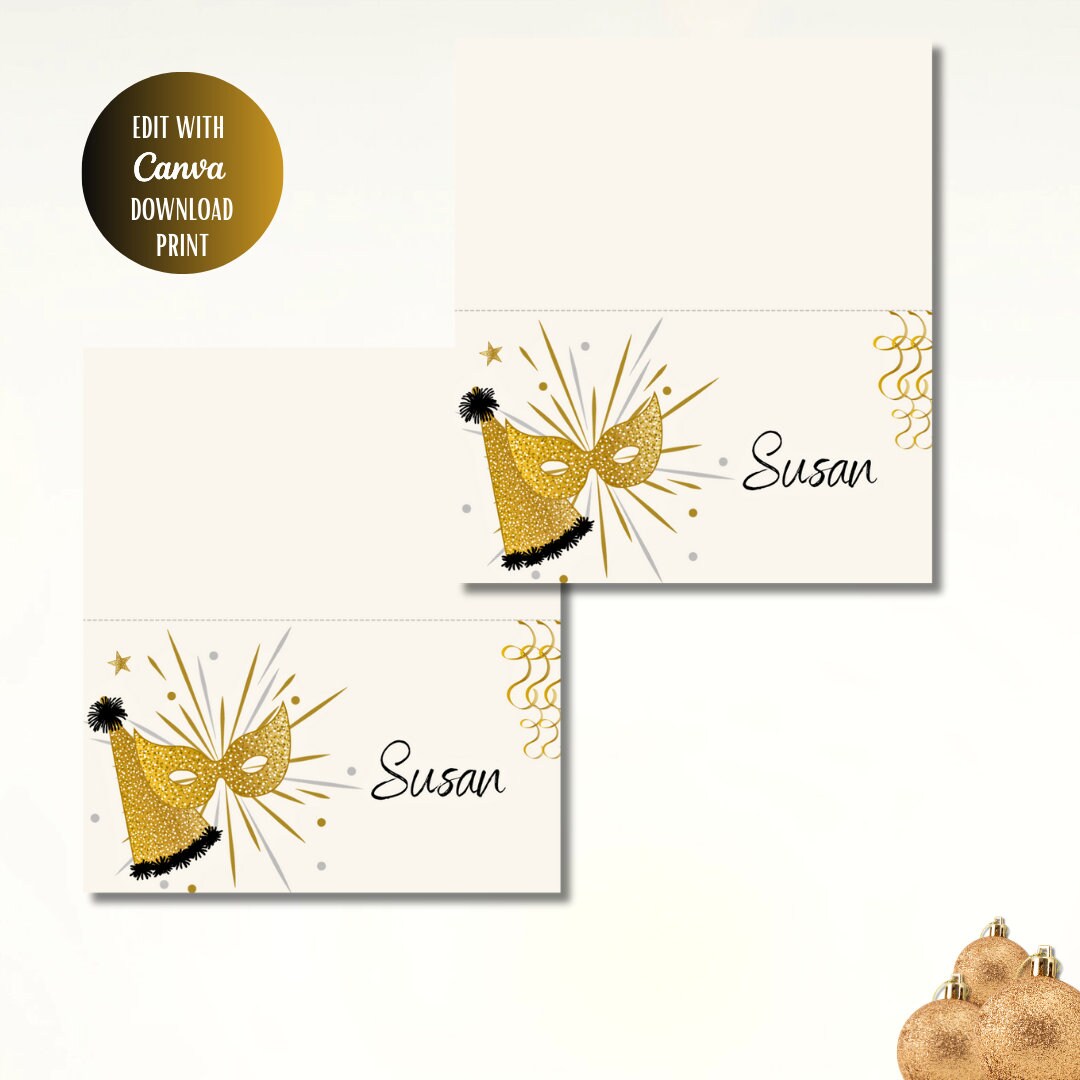 Printable New Year Place Cards: Festive Mask Design (PDF Template) - Etsy