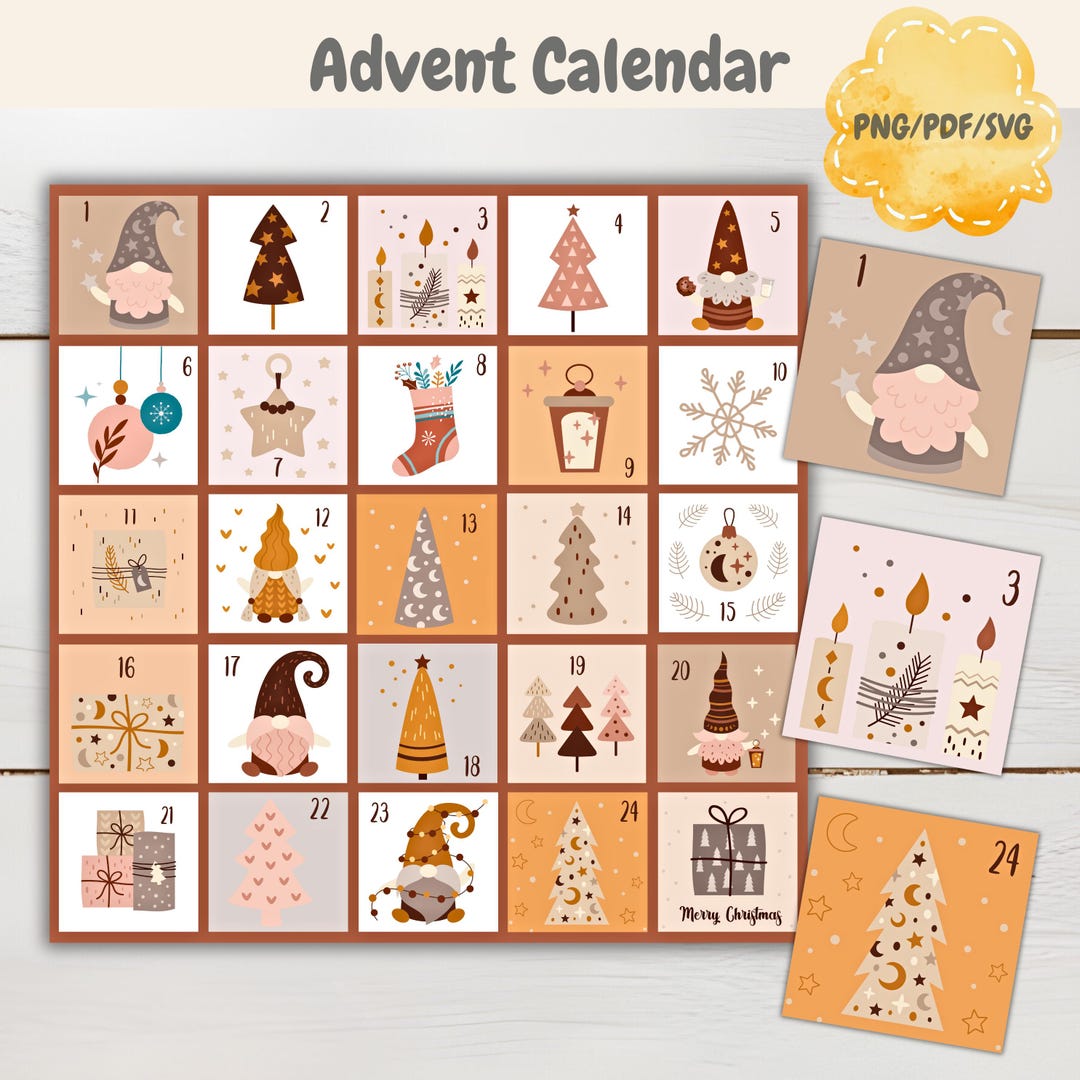 Advent Calendar Printable Cards Boho Style - Pdf, PNG, SVG DIY ...