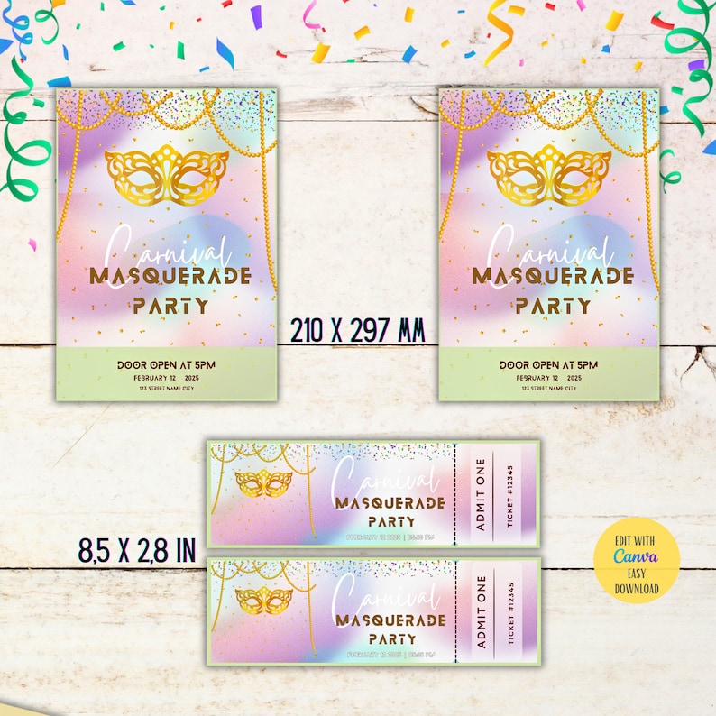 Carnival Masquerade Party Bundle: Editable Flyer + Ticket Templates for ...