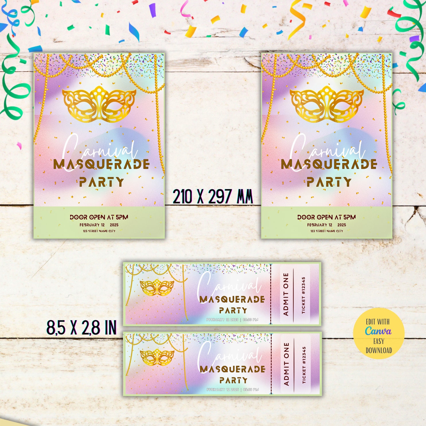 Carnival Masquerade Party Bundle: Editable Flyer + Ticket Templates for ...