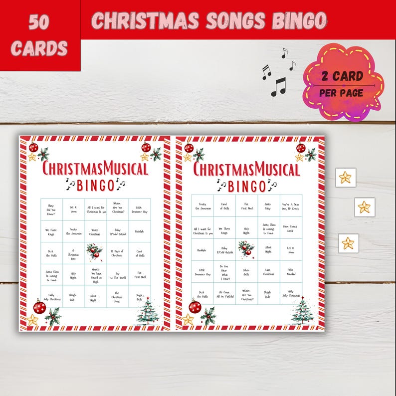 Christmas Songs Bingo Game: 50 Cards, Playlist (printable PDF) - Etsy