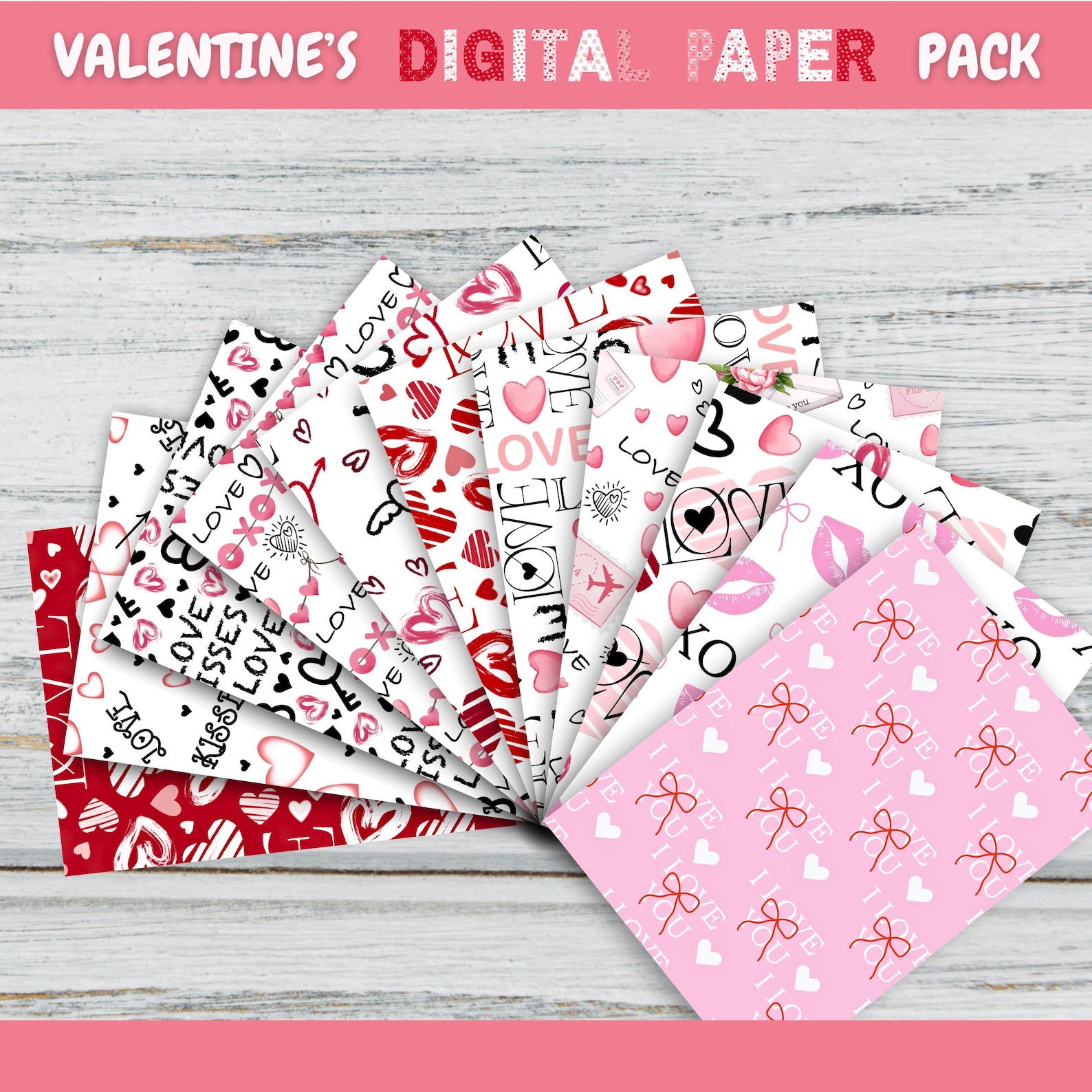Valentine's Day Digital Paper Pack: Romantic Hearts, Scrapbook Patterns ...