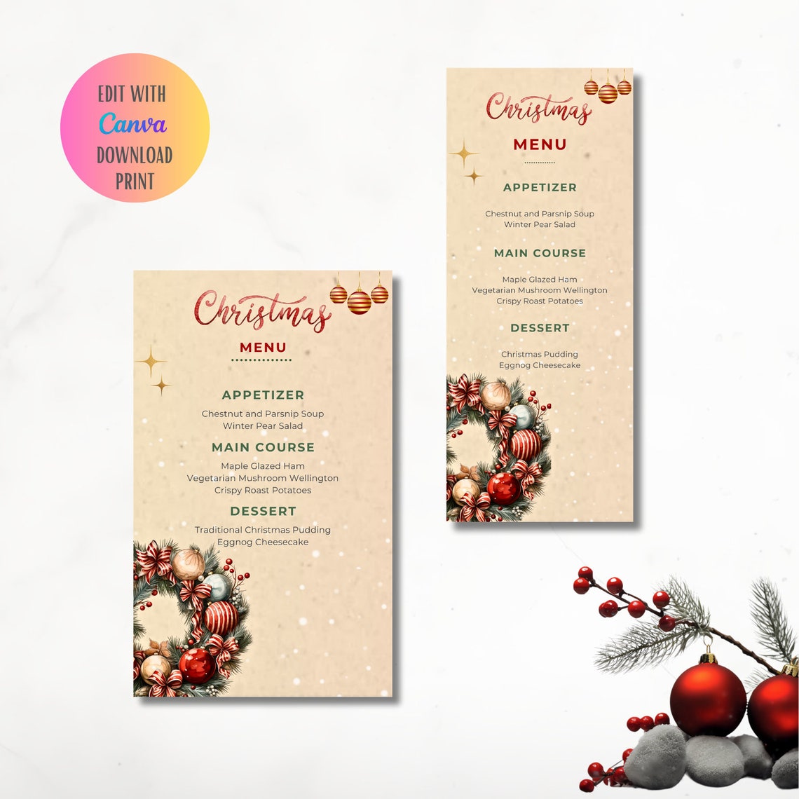 Printable Christmas Menu Card: Editable Holiday Garland (instant ...