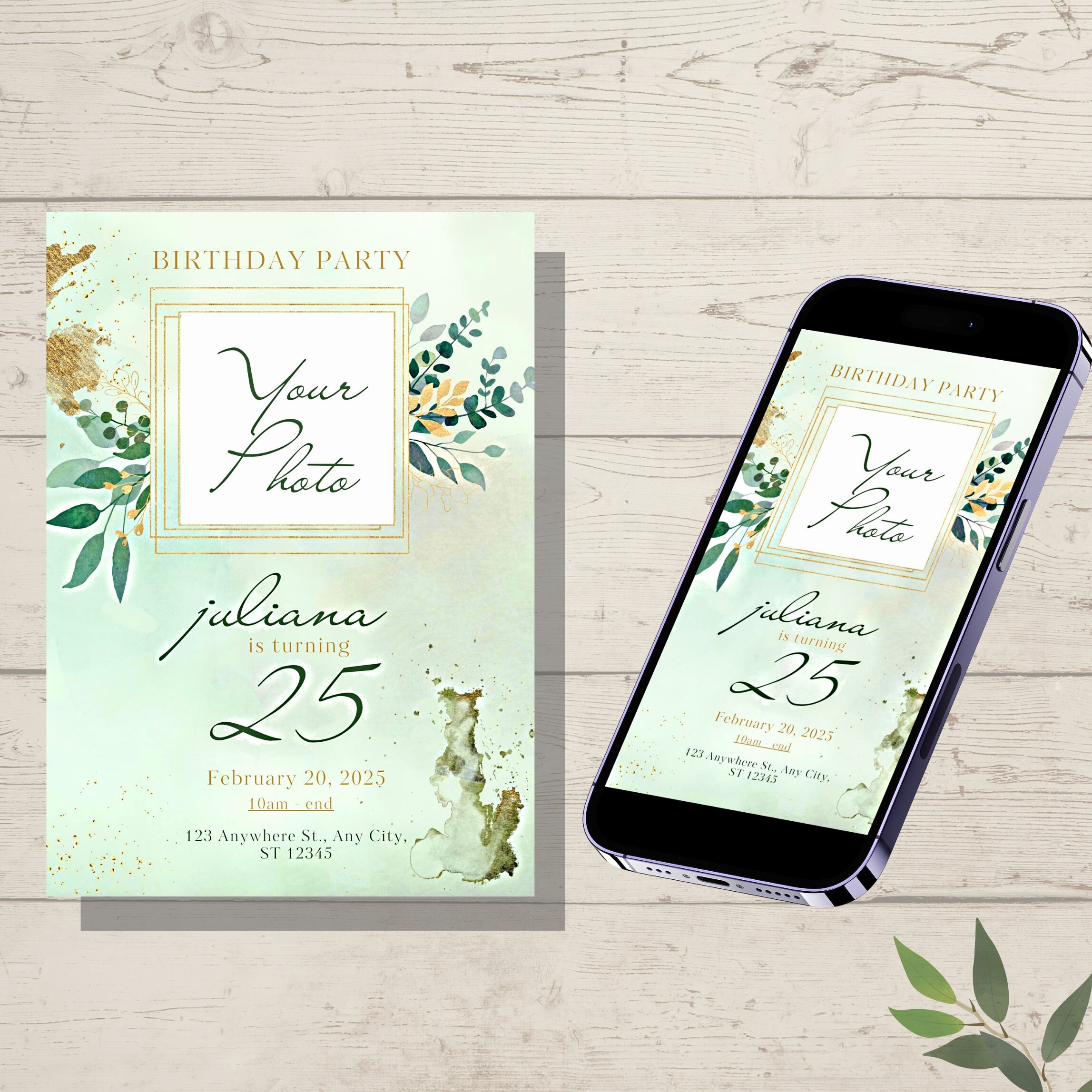 Editable Birthday Invitation Printable Watercolor Green Template Your ...