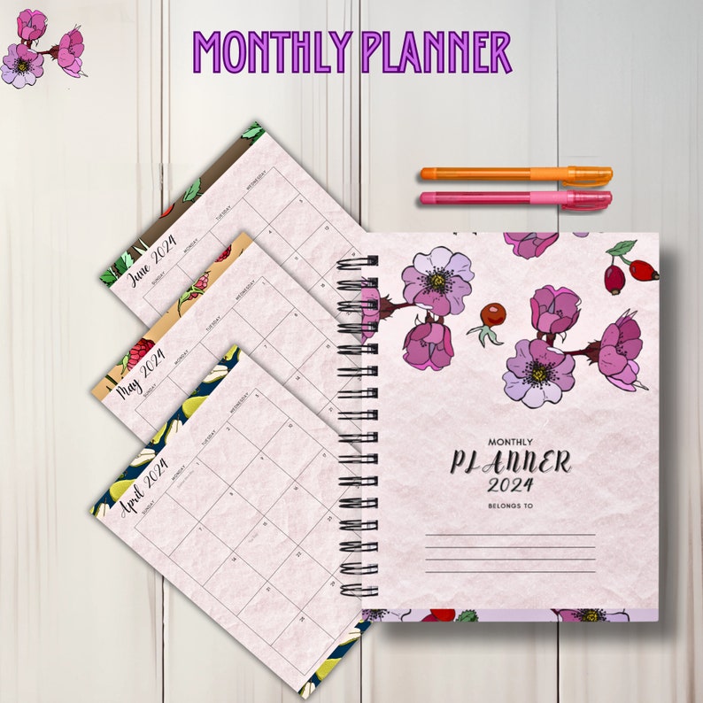Printable Monthly Planner Purple Flowers Template 2024 Monthly Calendar ...