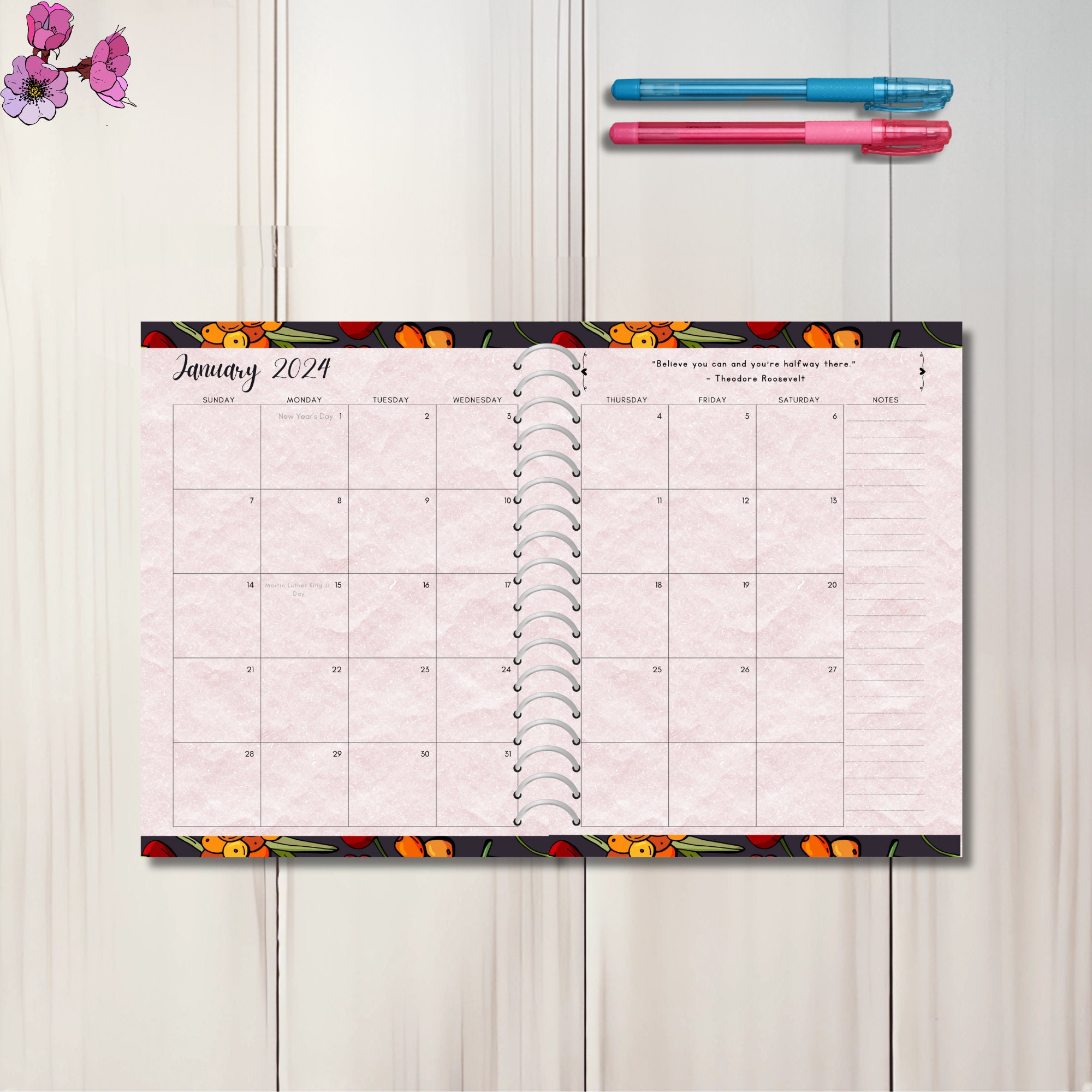 Printable Monthly Planner Purple Flowers Template 2024 Monthly Calendar ...