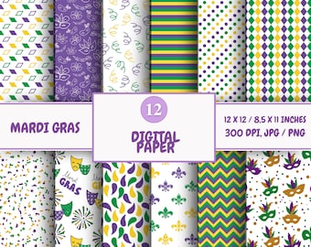 Mardi Gras Digital Paper Pack Scrapbooking Paper Craft Patterns Card 12 ...