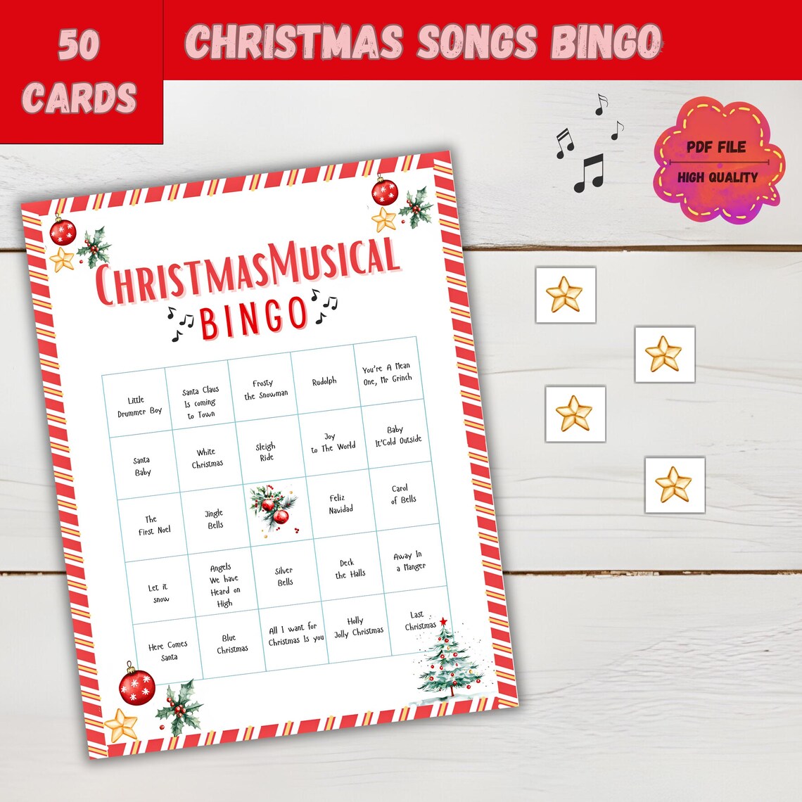 Christmas Songs Bingo Game: 50 Cards, Playlist (printable PDF) - Etsy