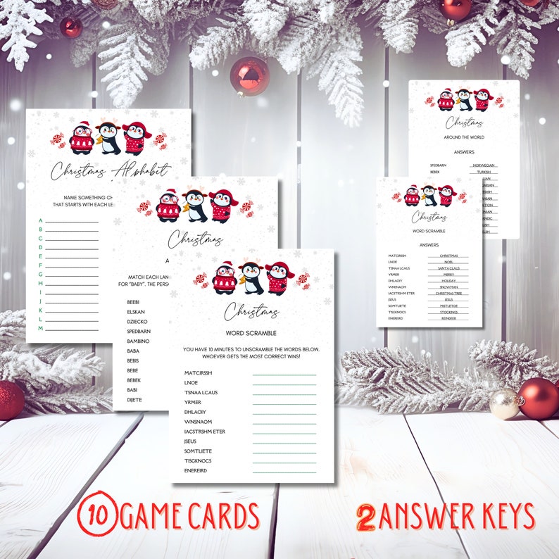 Printable Christmas Games Bundle Editable Cute Pinguins Template Games ...
