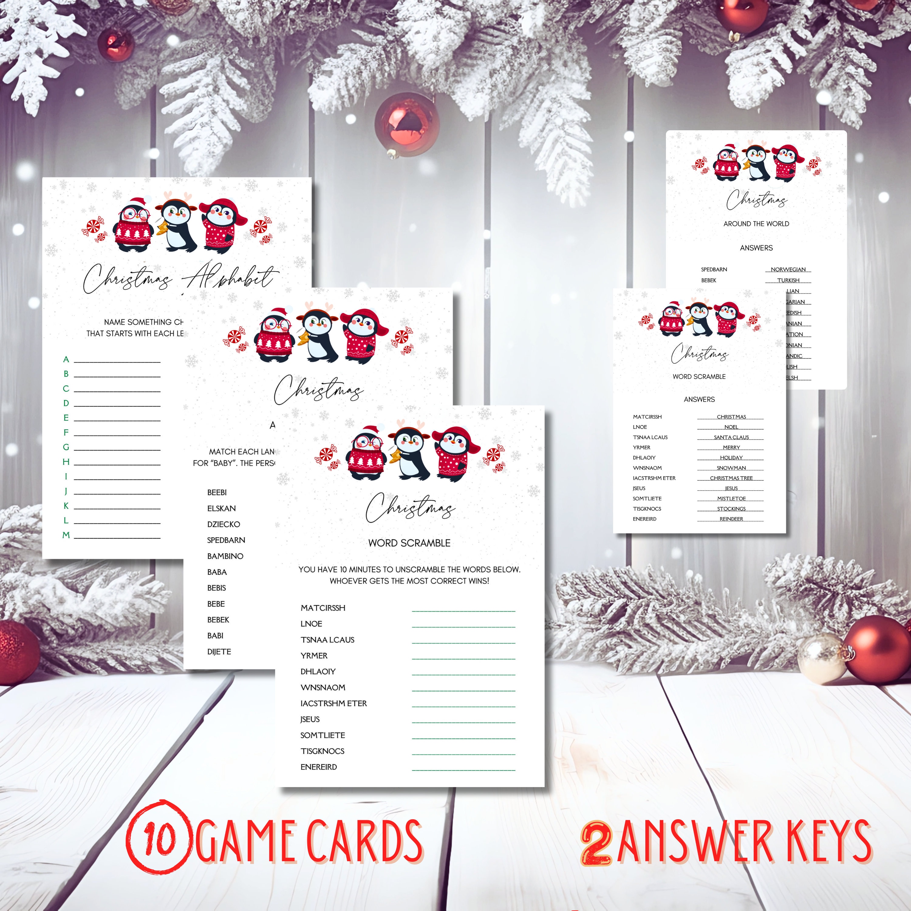 Printable Christmas Games Bundle Editable Cute Pinguins Template Games ...