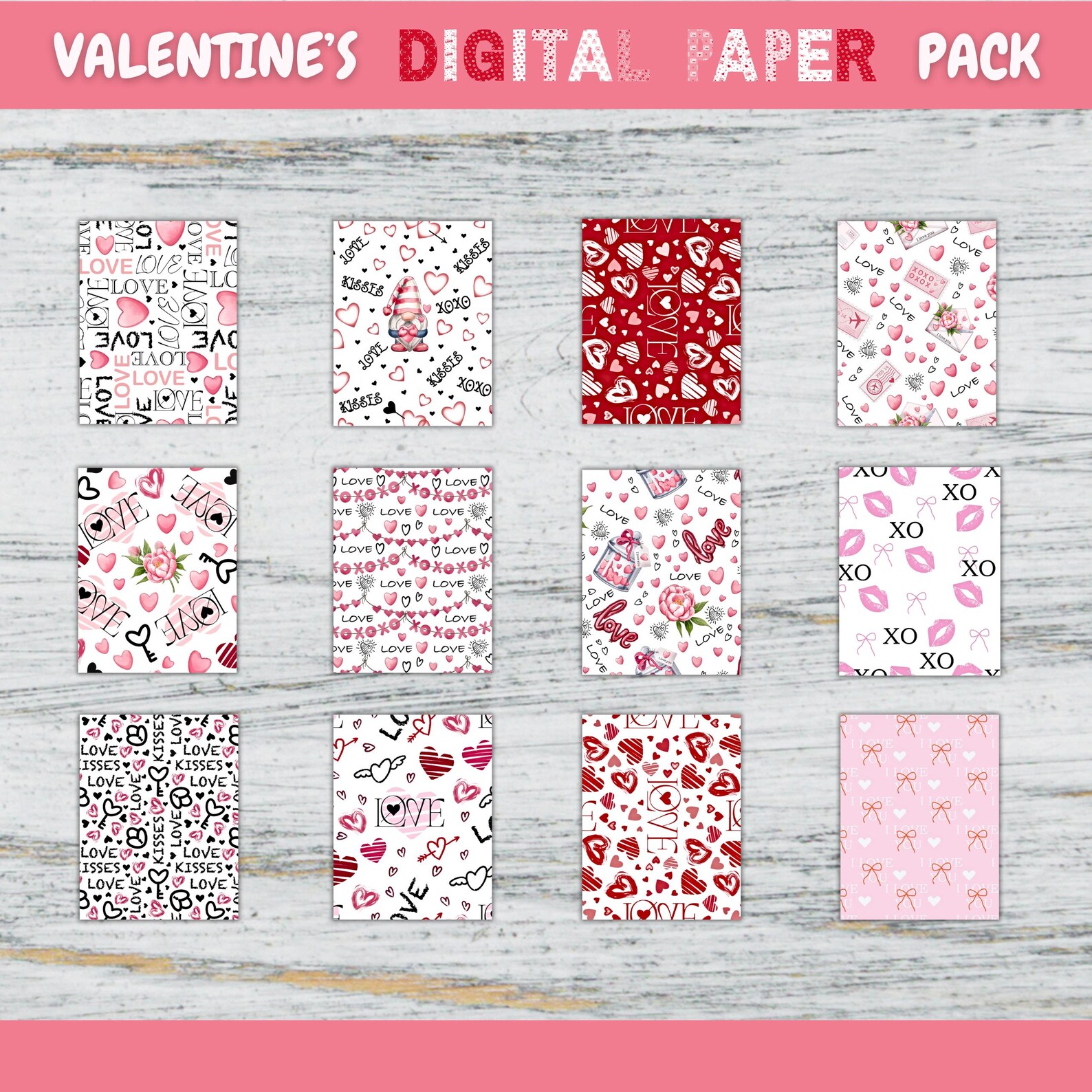 Valentine's Day Digital Paper Pack: Romantic Hearts, Scrapbook Patterns ...