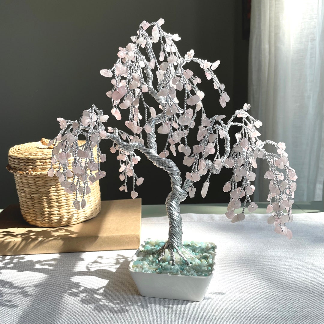 Stone of Love Willow Crystal Tree Silver Wire, Rose Quartz Tree of Life ...