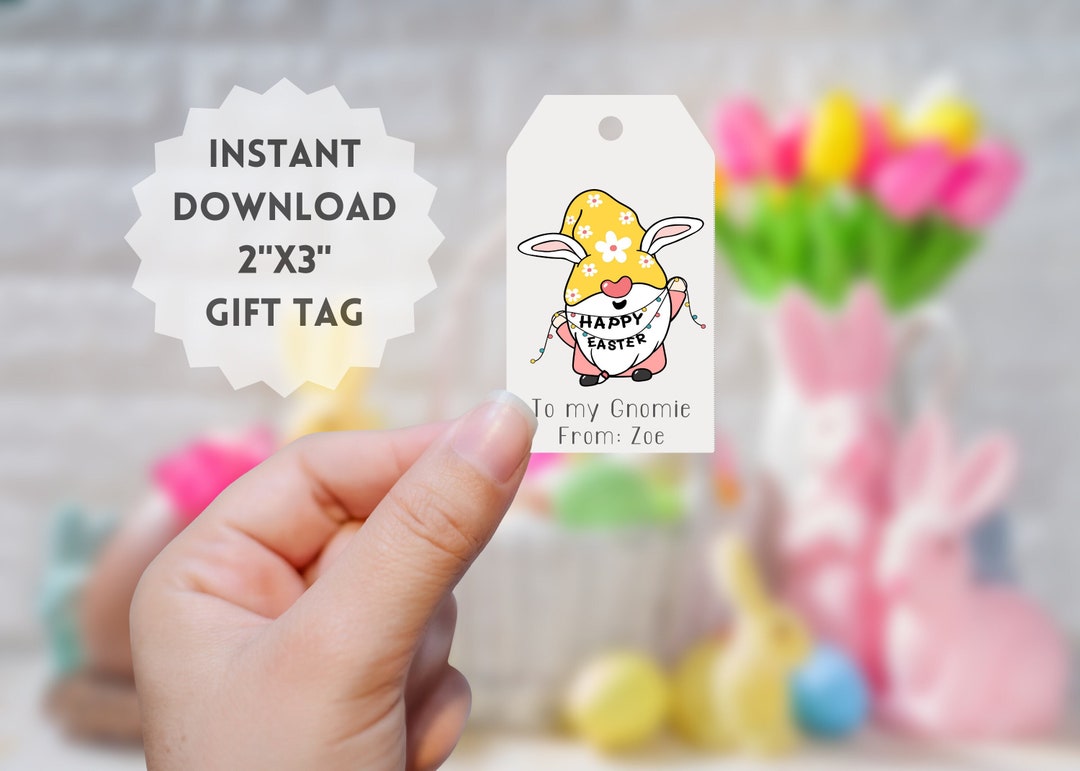 Easter Gnome Bunny Printable Gift Tag, Easter Bunny Treat Tags, Custom ...