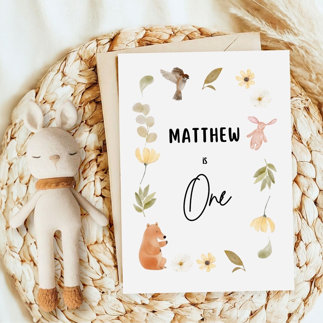 Cute Woodland Baby First Birthday Card, Personalized 1st Birthday Boy ...