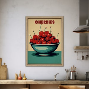 Printable Digital Cherries Retro Art Poster of Cherries in Bowl, Vintage Cherries Poster ...