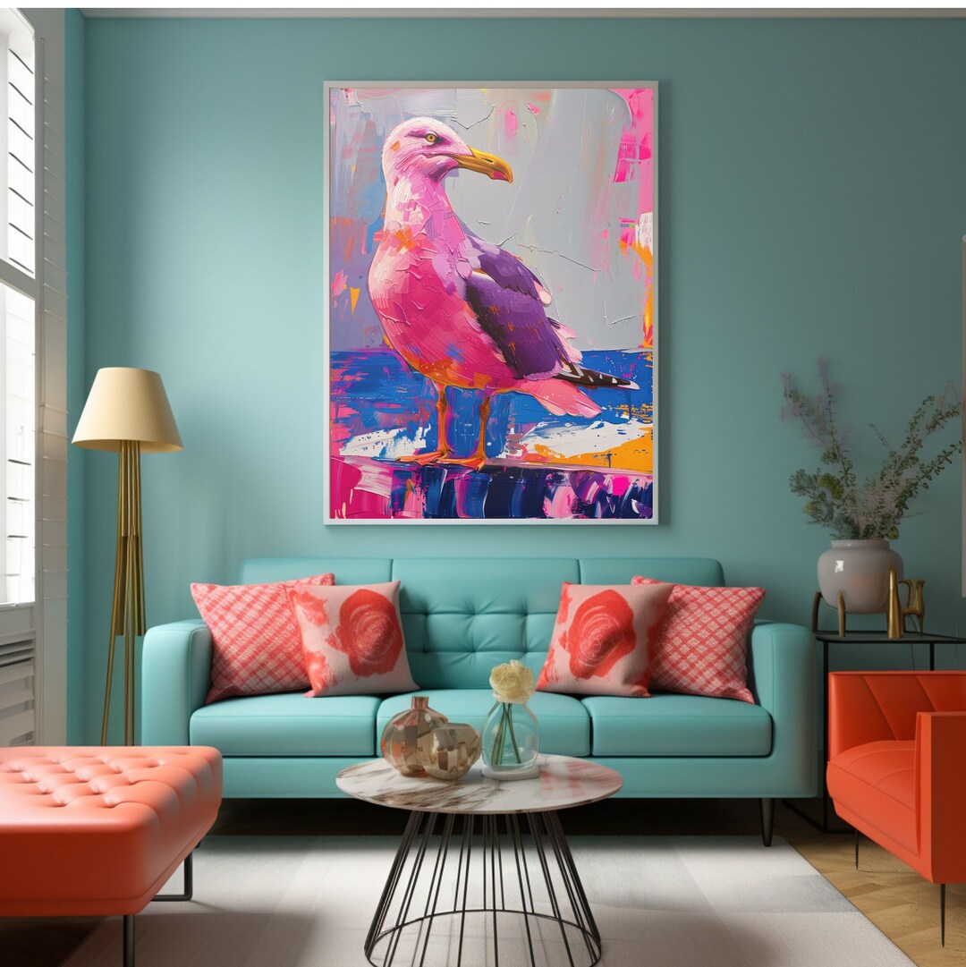 Pink Seagull Wall Art Oil Painting Print Bird Wall Art Poster - Etsy