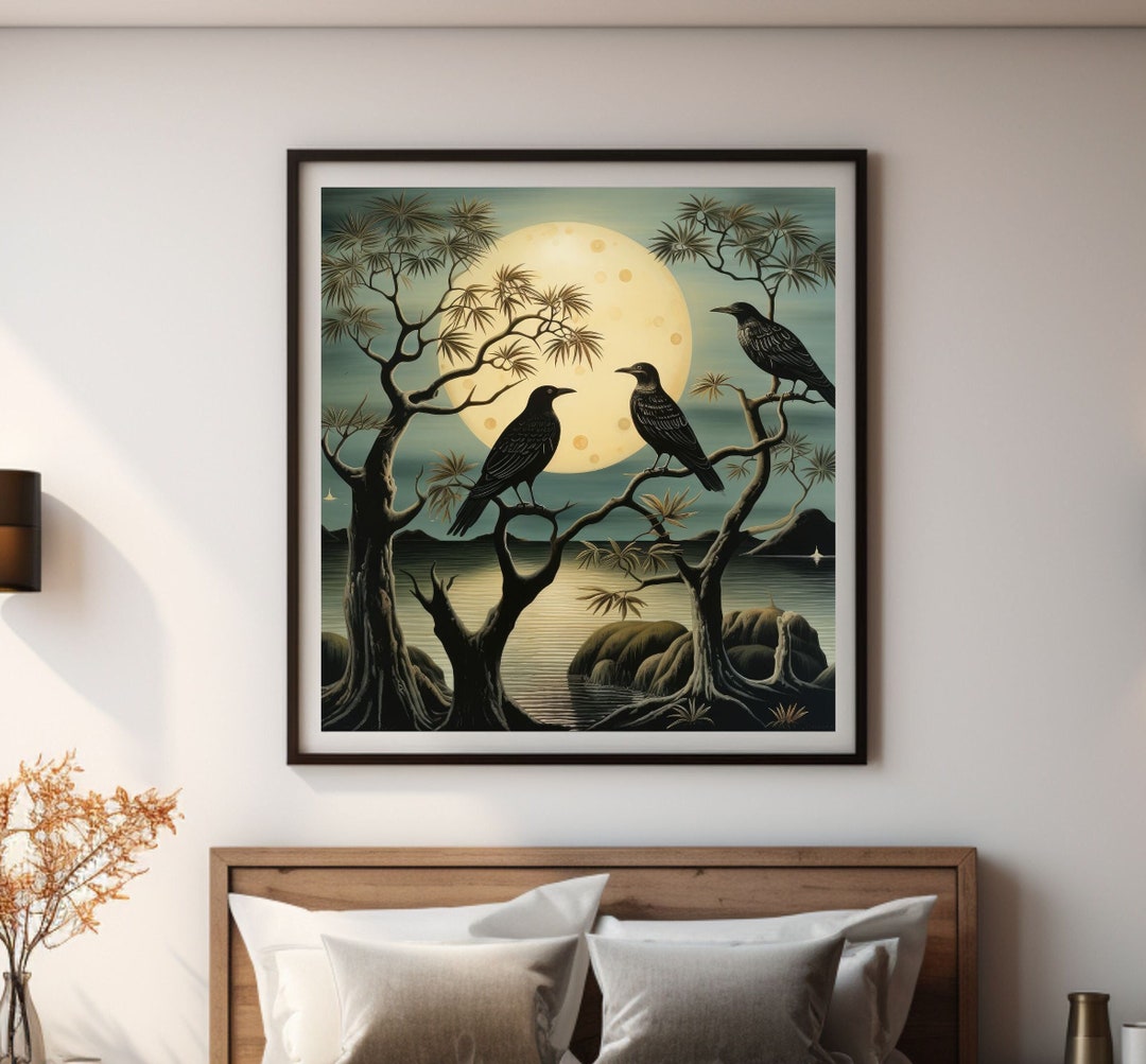 Birds Moon Poster, Birds at Night Art, Moon Art, Night Art, Sage Green ...