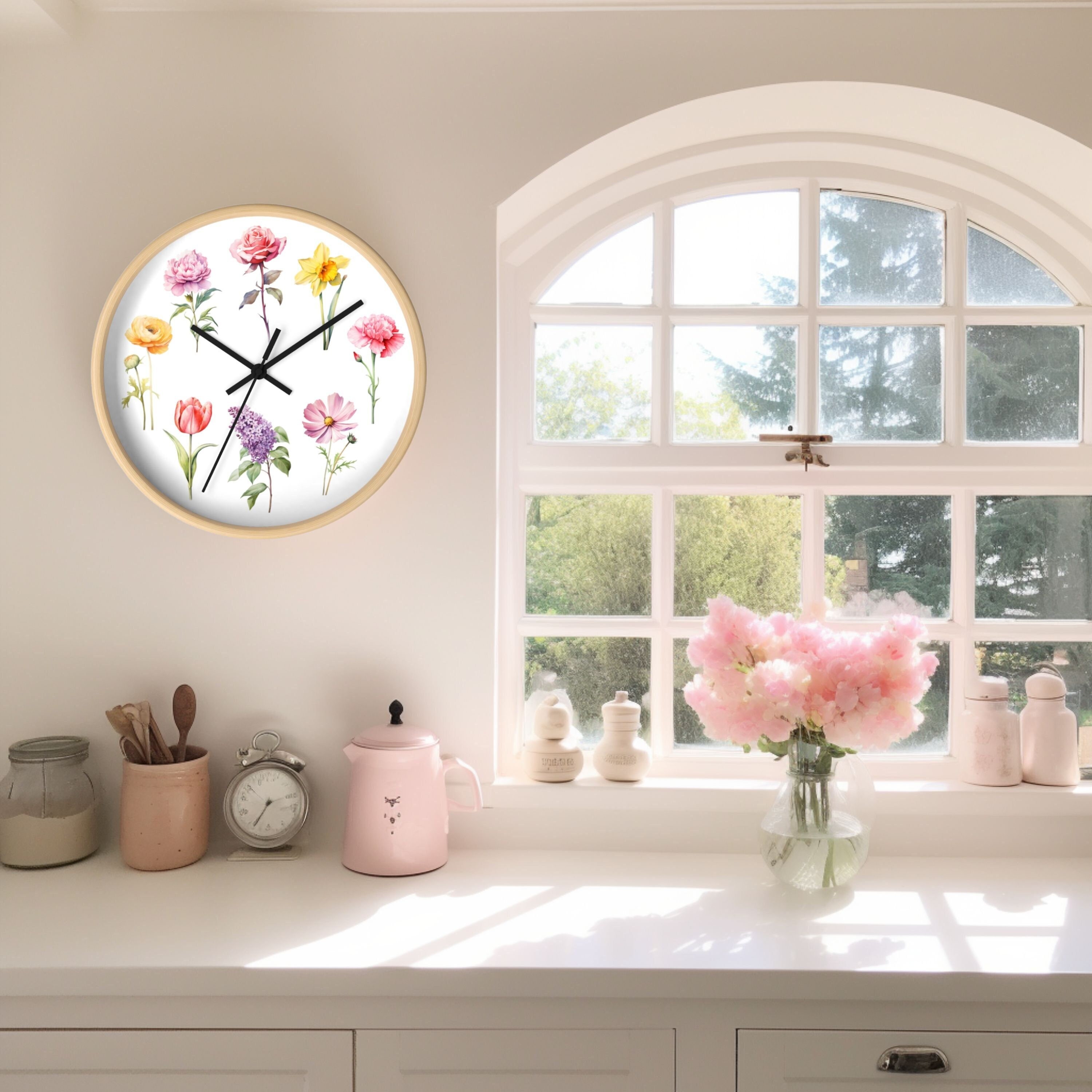 Watercolor Flowers Wall Clock, Flower Clock, Flowers Clock for Wall ...