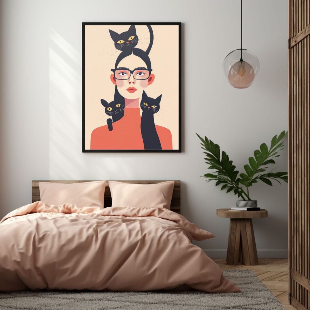 Crazy Cat Lady Wall Art Cats Wall Art Girl With Cats Poster Black Cat ...