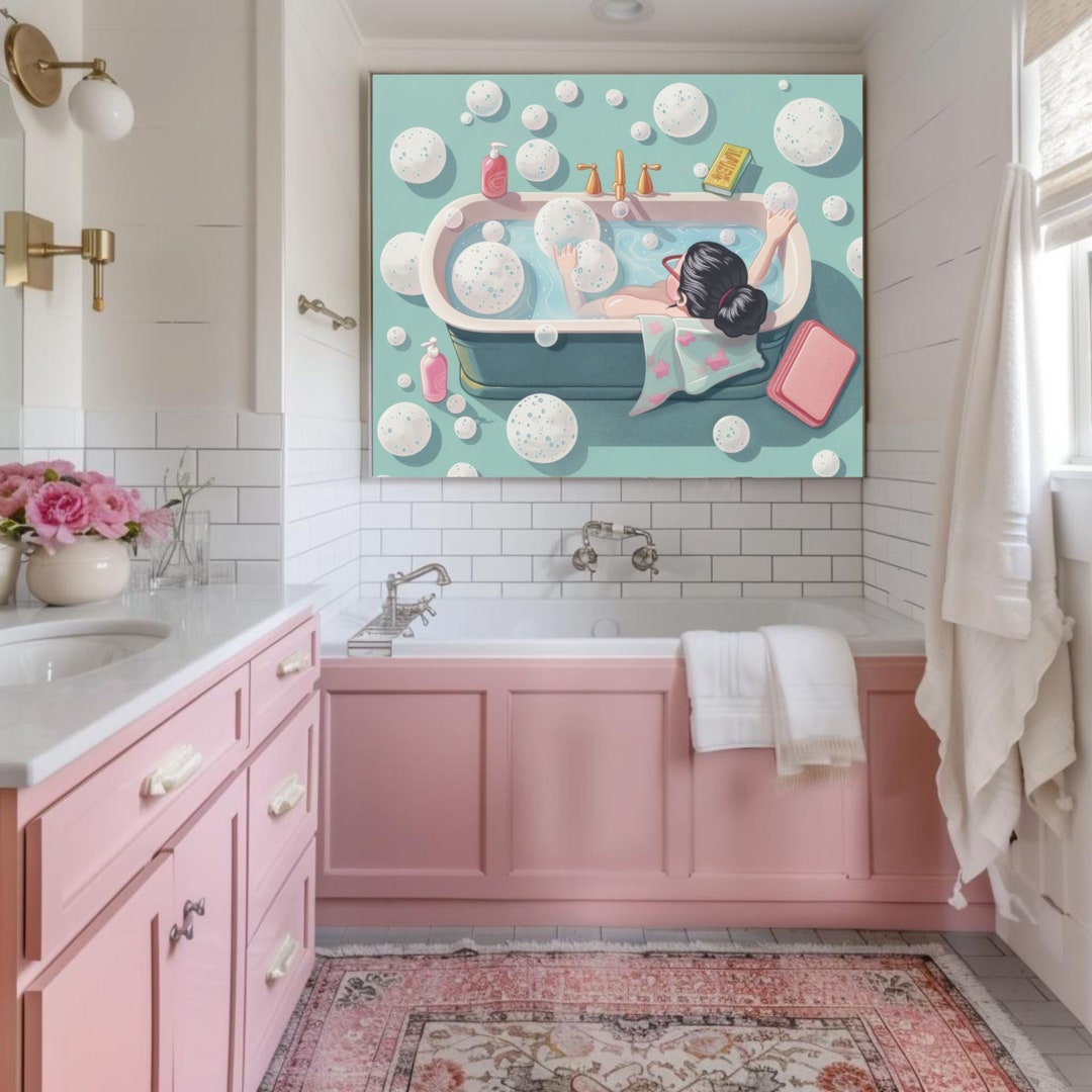 Kawaii Bath Tub Wall Art Cute Teal and Pink Wall Art Bathroom Art Girl ...