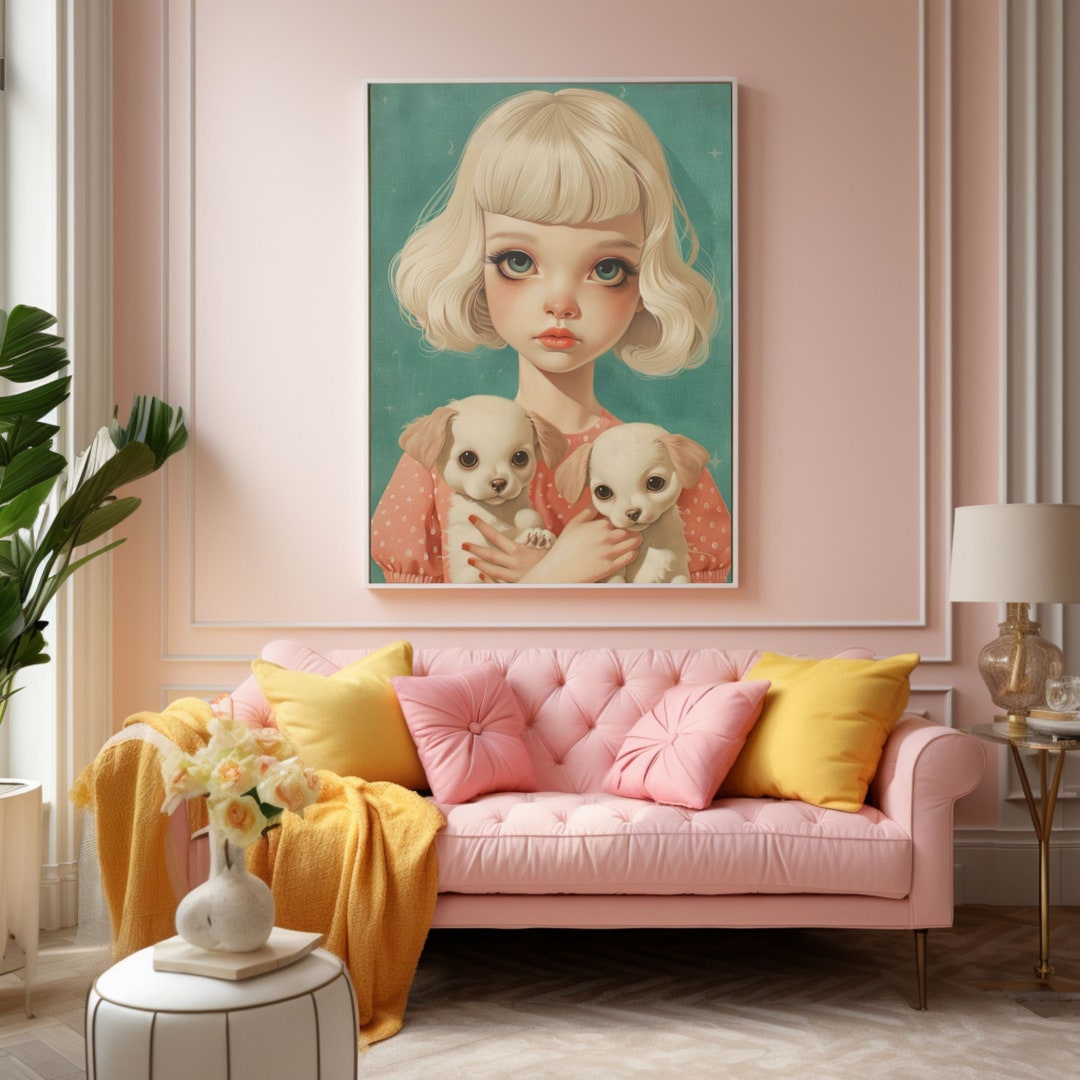 Cute Girl With Puppies Illustration Girl Wall Art Dogs Print Puppies ...