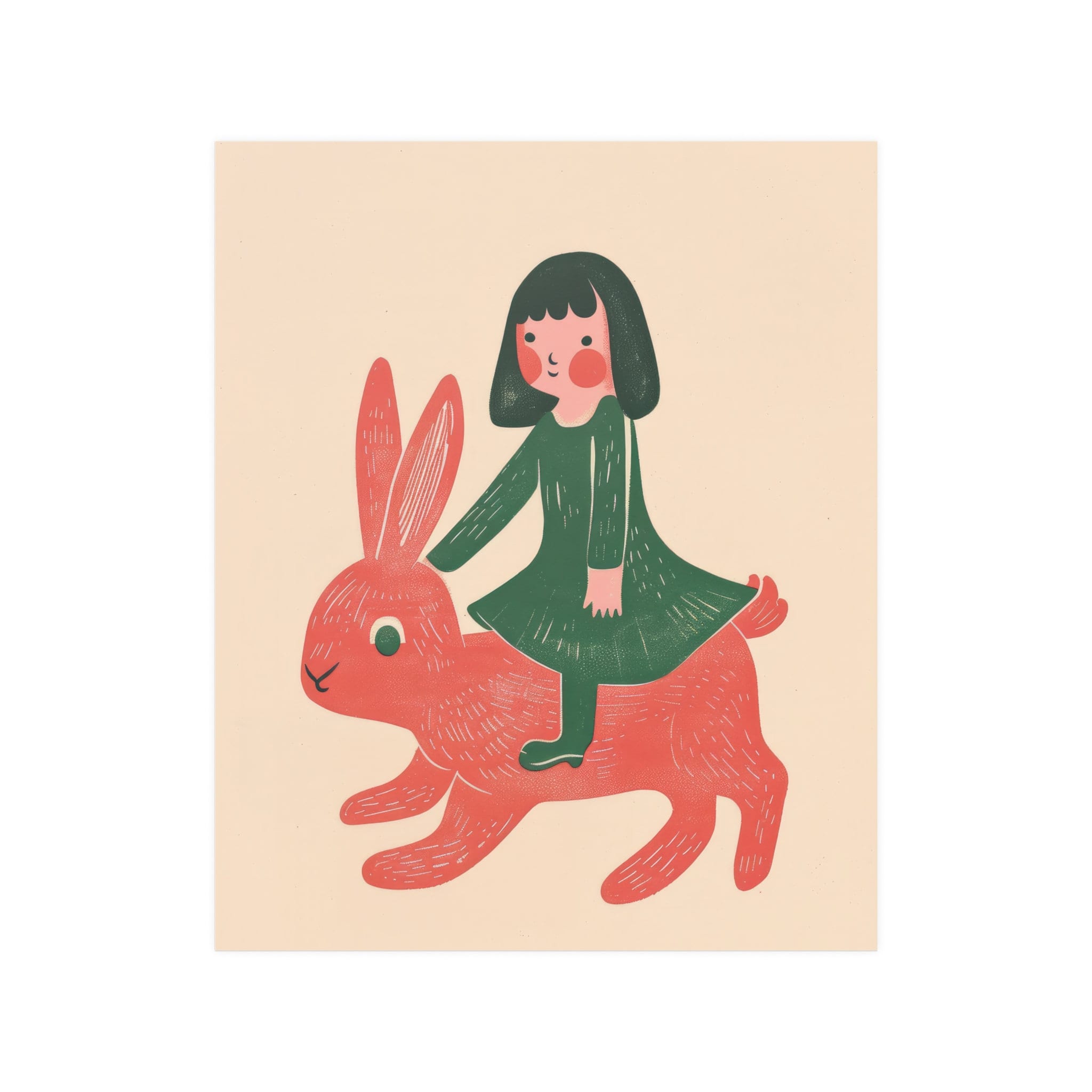 Girl on a Bunny Wall Art Retro Screen Print Poster Simple Kids Wall Art ...