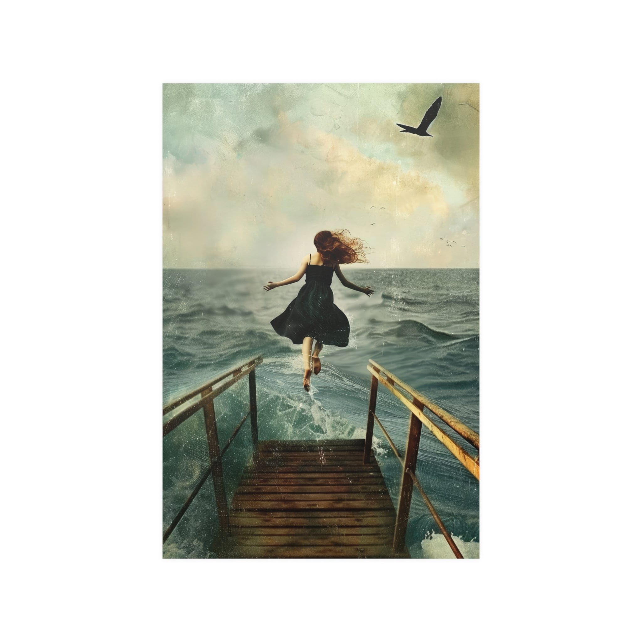 Girl Jumping Into Ocean Wall Art Sea Painting Woman Diving Into Water ...