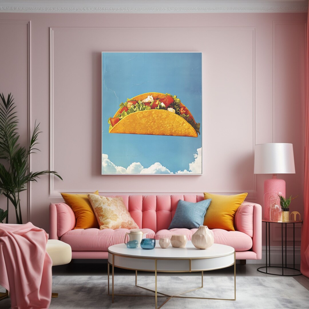 Flying Taco Wall Art, Retro Taco in the Sky Poster, Vintage Taco Wall ...