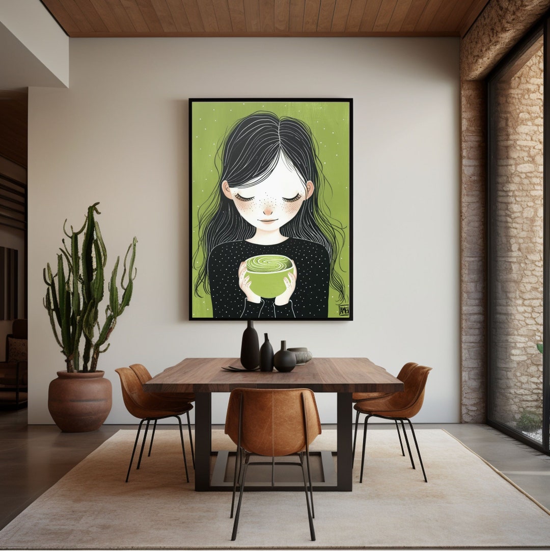 Matcha Wall Art Girl With Matcha Cup Original Drawing Reproduction ...