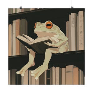 Whimsical Frog Reading Poster, Cute Decor for Book Lovers, Frog Lover ...