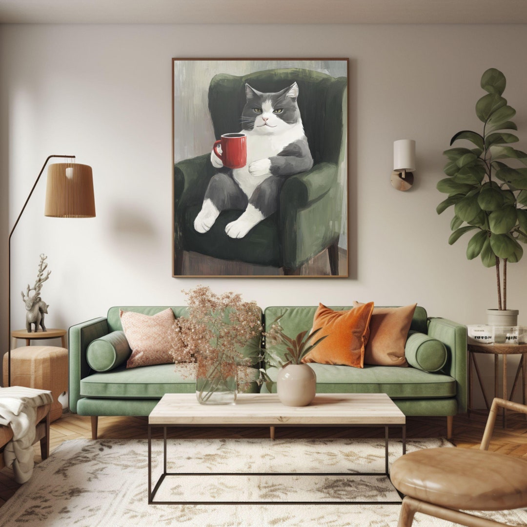 Cat With a Coffee Wall Art Cat Painting Funny Can Poster Coffee Print ...