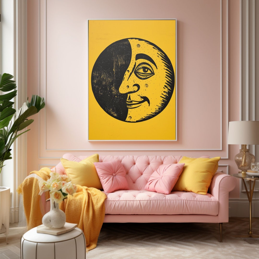 Moon Wall Art Yellow Illustration Moon Face Poster - Etsy