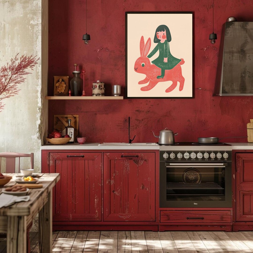 Girl on a Bunny Wall Art Retro Screen Print Poster Simple Kids Wall Art ...